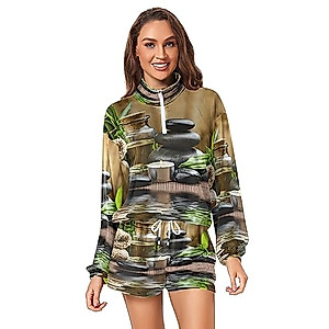 Kigai Zen Basalt Stones on Wood Jogging Suits for Women Lounge Cozy Long Sleeve Half Zip Lapel Collar Sweatsuit Set,XL