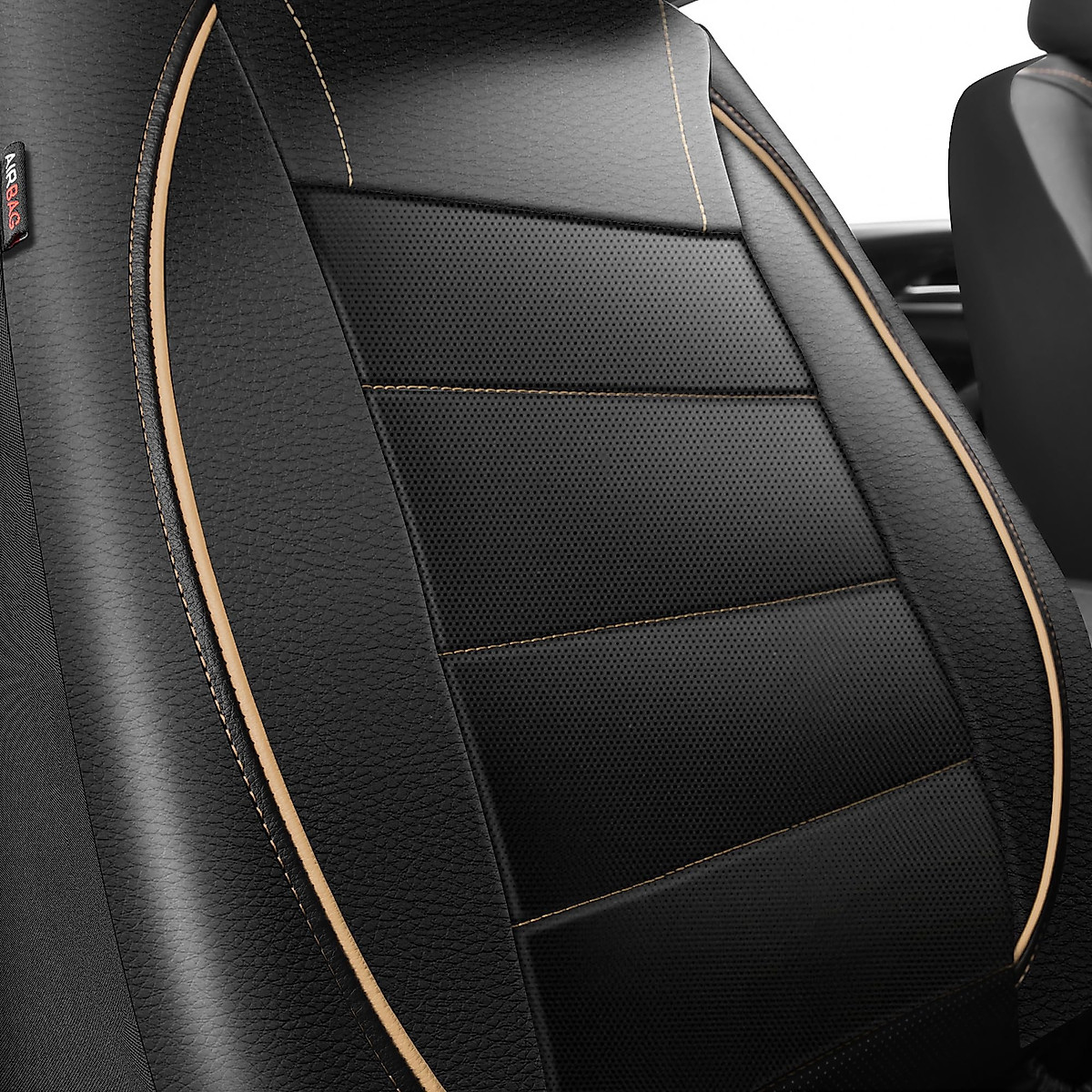 CAR PASS Universal FIT Piping Leather Two Front Seat Covers, Waterproof Faux Leather for SUV Sedan Van Truck, Airbag Compatible,Reserved Opening Holes for Headrest Covers. (Black and Beige)