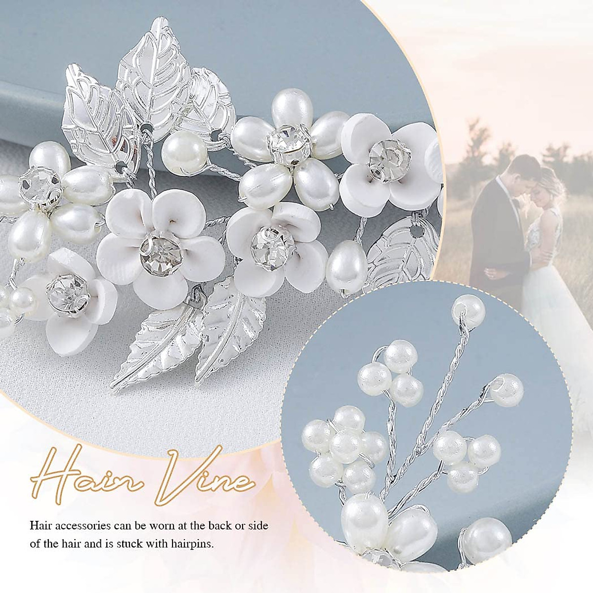 GORAIS Flower Bride Wedding Hair Vine Silver Pearl Bridal Headpiece Floral Leaf Hair Piece Hair Accessories for Women and Girls