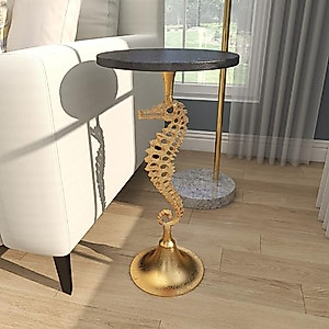 Deco 79 Aluminum Metal Sea Horse Side End Accent Table End Table with Black Marble Table Top, Side Table 13" x 13" x 25", Gold