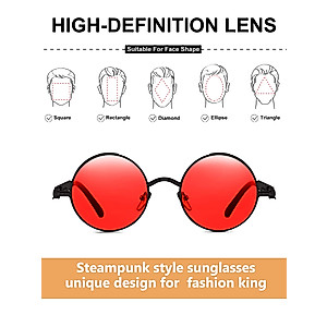 Weewooday 4 Pieces Retro Round Steampunk Sunglasses Vintage Hippie Style Circle Lens Metal Frame Eyewear for Men Women (Red, Black, Gray Lens)