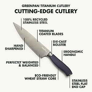 GreenPan Titanium 8" Chef's Knife, Titanium Coated, Stainless Steel, Eco-friendly, Ergonomic Grip, Slip Resistant, Balanced, Heat Treated, Hand Sharpened, Dishwasher Safe