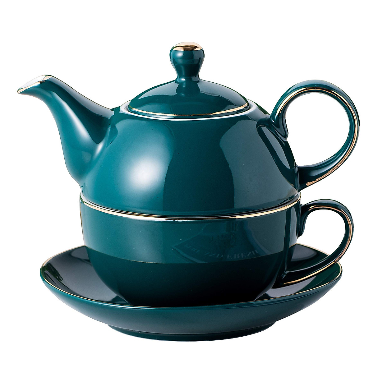 Jusalpha Dark Turquoise Green Fine China 16 OZ Teapot- Tea cup- Saucer Set, Tea-for-One set #08