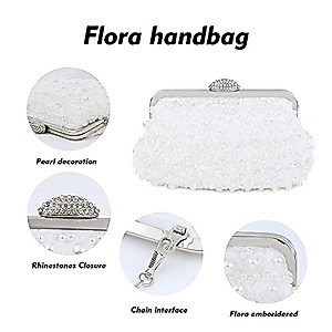 topfive Women Pearls Beaded Clutch Light Luxury White Wedding Pearls Purse Evening Handbag with Floral Texture