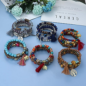 YADOCA 6 Sets Bohemian Wood Beaded Bracelets Set for Women Multilayer Stretch Tassel Bracelets Set Elephant Charm Love Statement Bangles