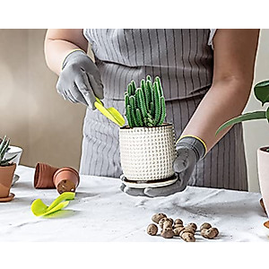 Set of 2, 6 Inch & 4 Inch Ceramic Indoor Planter Pots with Drainage Hole and Saucer, Beaded Design Flower Pots, Smoked White, 27-H-B-SW-ZS