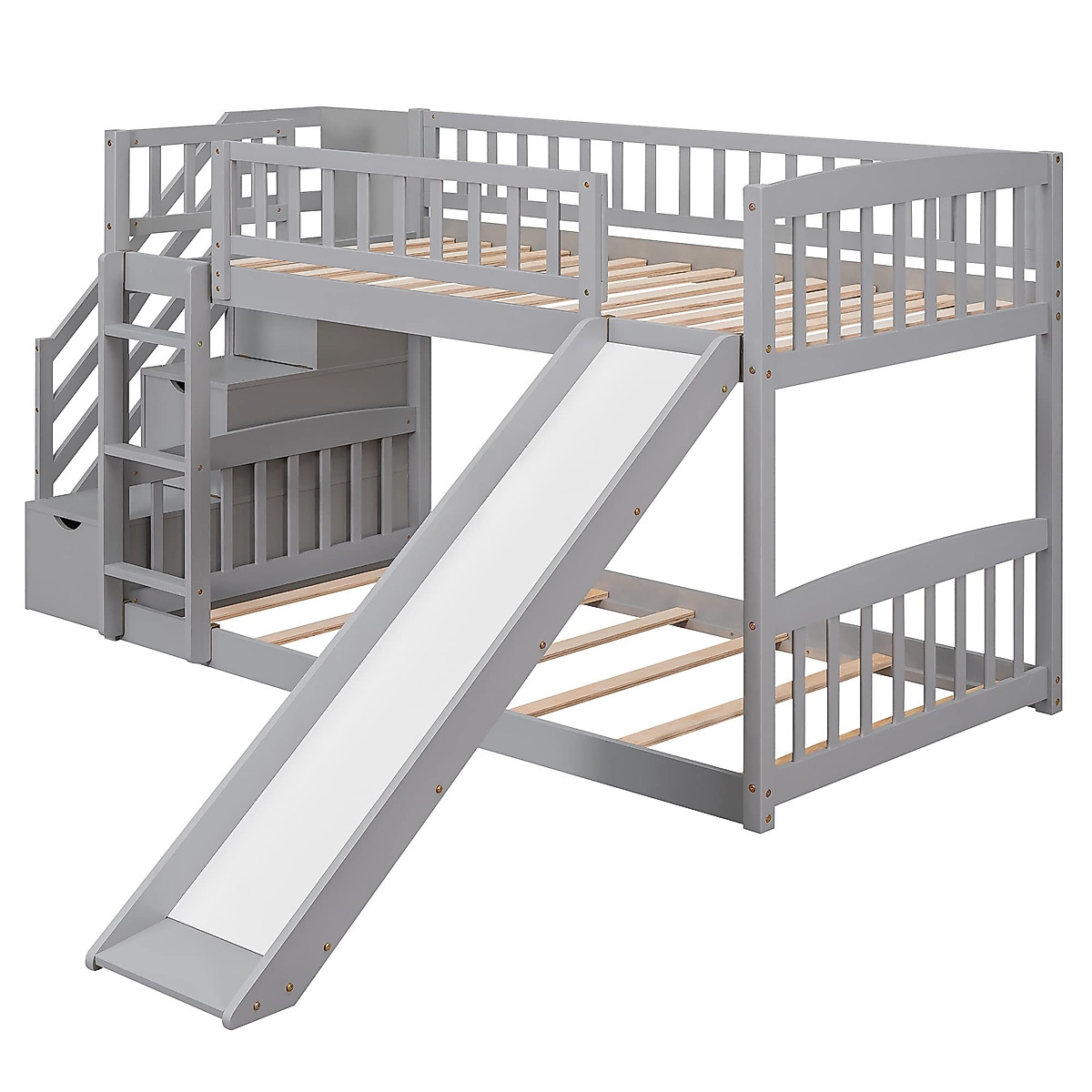 Harper & Bright Designs Low Bunk Bed with Slide and Stairs, Twin Over Twin Wooden Bunk Bed Frame with Storage, for Kids Girls Boys - Gray