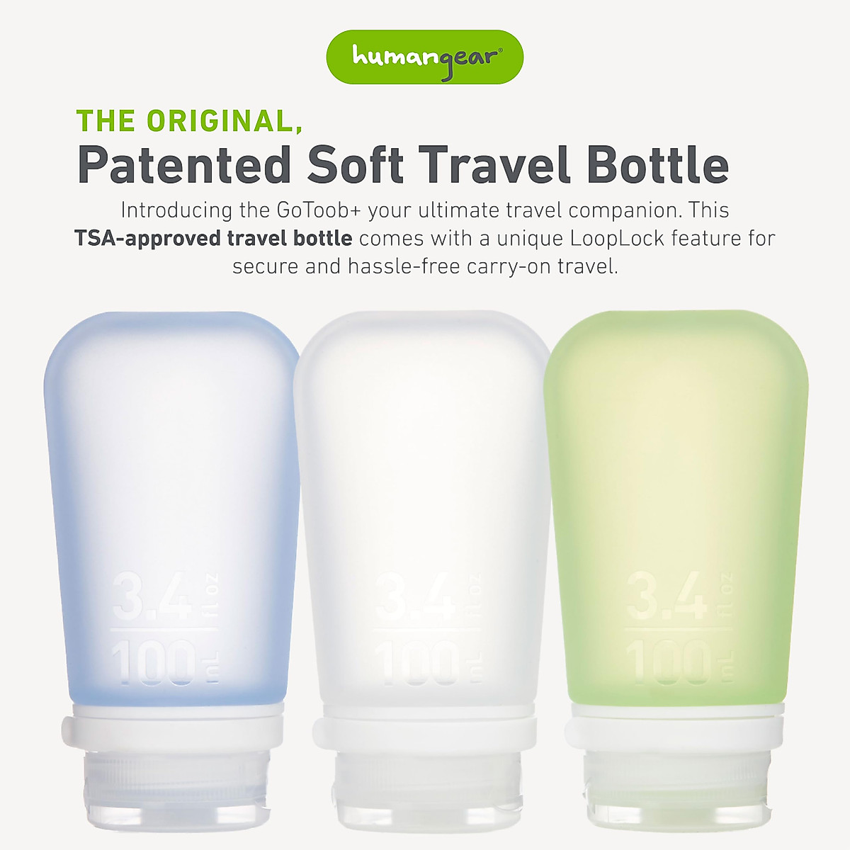 humangear GoToob+ 3-Pack (Large) | Refillable Silicone Travel Bottle | Locking Lid | Food-Safe Material, Clear/Green/Blue, Large (3.4 fl.oz.; 100ml)