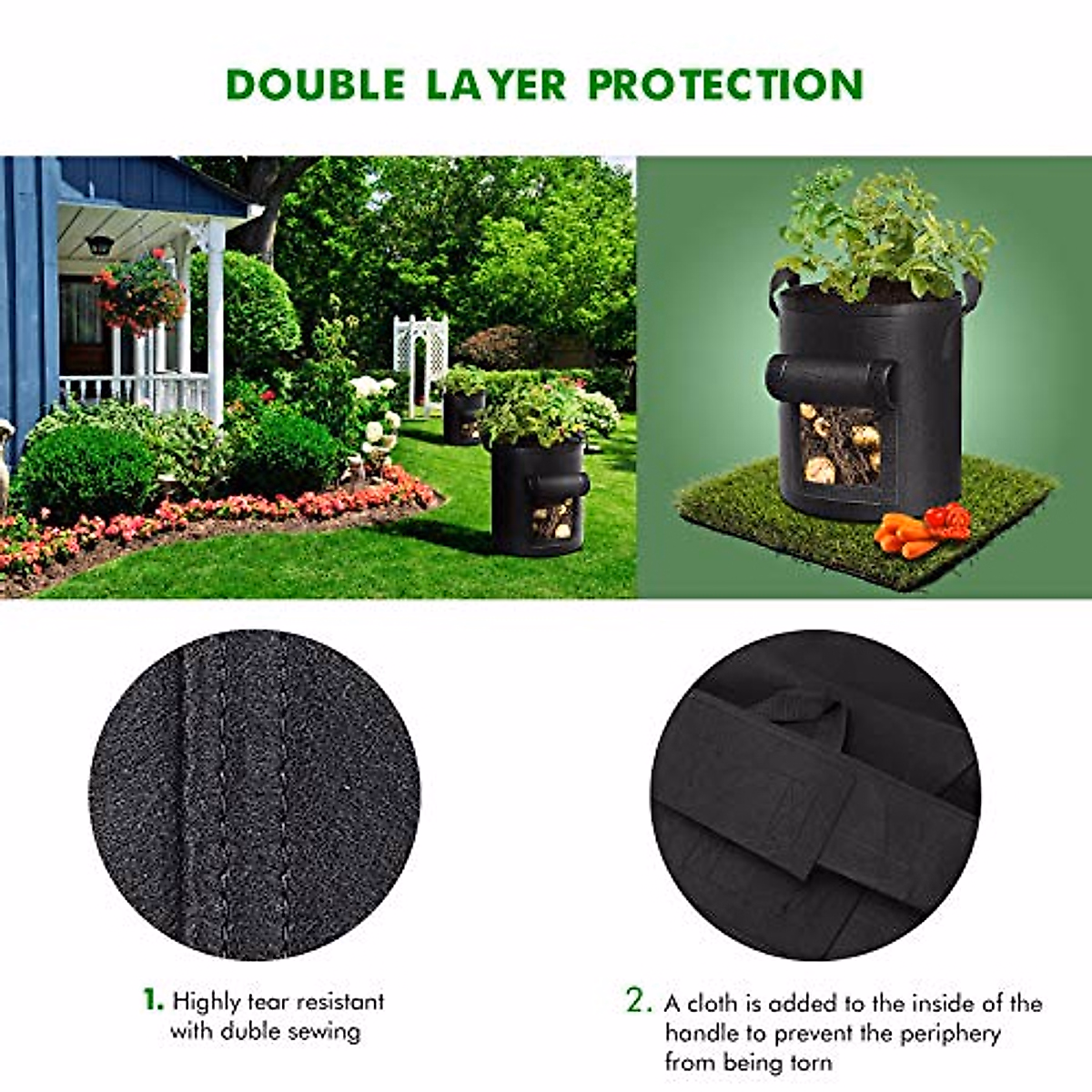 Cavisoo 5-Pack 10 Gallon Potato Grow Bags, Garden Planting Bag with Durable Handle, Thickened Nonwoven Fabric Pots for Tomato, Vegetable and Fruits