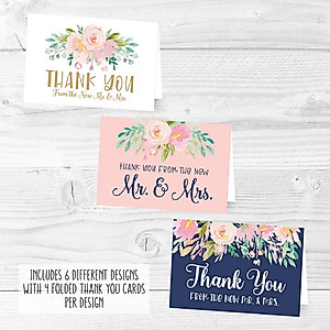 24 Navy Floral Wedding Thank You Cards With Envelopes Wedding Thank You From The New Mr And Mrs Cards - Mr And Mrs Thank You Cards Wedding With Envelopes, Bride Thank You Wedding Cards With Envelopes