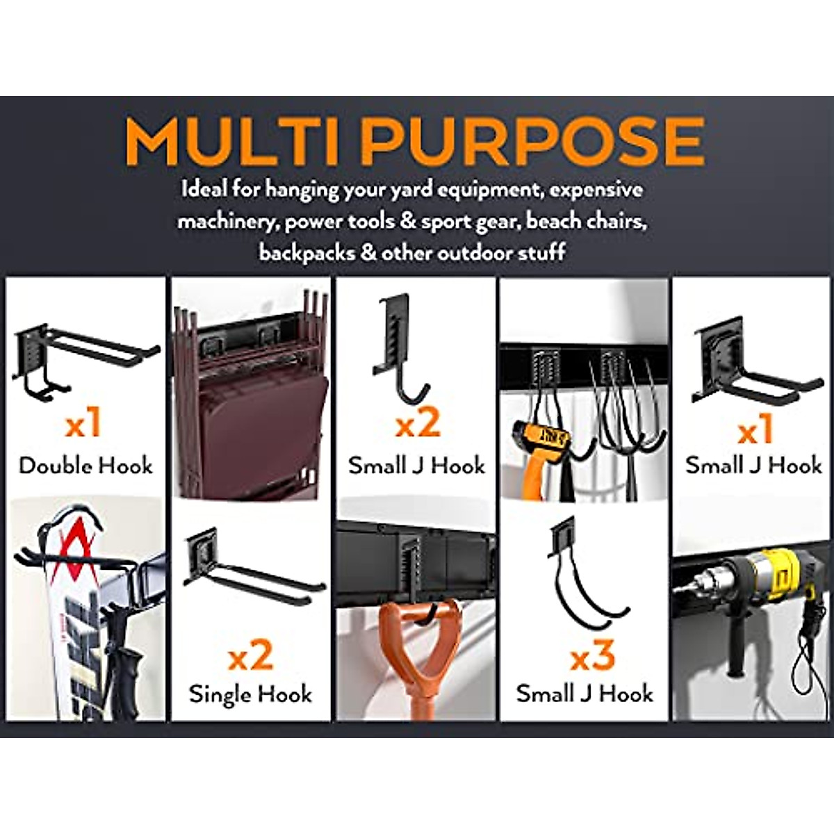 INCLY Garage Tool Storage Rack, 12 PCS Garden Yard Tool Organizer Wall Mount, 72 Inch Adjustable Heavy Duty Steel Garage Organization System with 3 Racks & 9 Wall Hooks