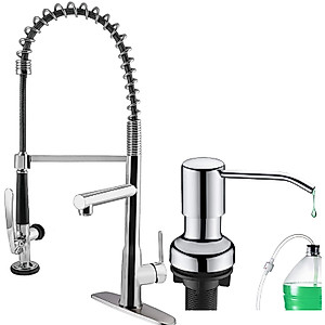 Commercial Kitchen Faucet with Pull Down Sprayer and Kitchen Soap Dispenser, Brass High Arc Pre-Rinse Tall Modern Single Handle Spring Kitchen Sink Faucet with Pull Out Spray, Chrome