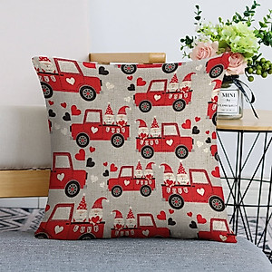 Valentine's Day Truck Throw Pillow Covers 18×18 Pillowcases Set of 2 Cute Gnome Heart Linen Decorative Square Pillow Case Cushion Covers Standard Size for Sofa Couch Outdoor Bed Pillow Protectors