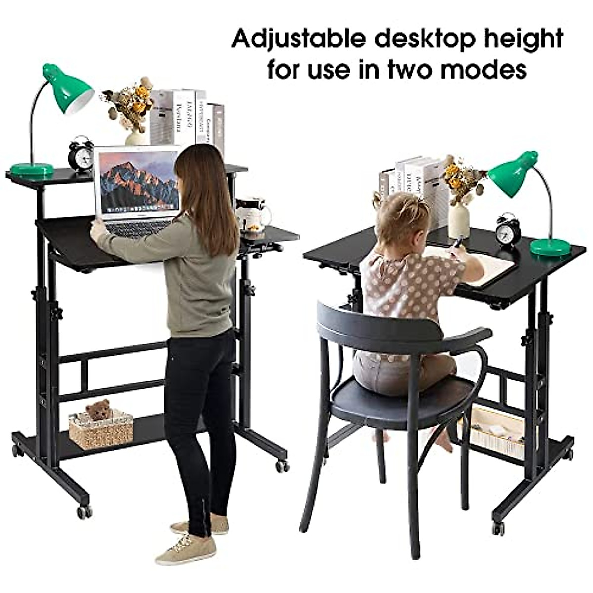 SIDUCAL Mobile Stand Up Desk, Adjustable Laptop Desk with Wheels Storage Desk Home Office Workstation, Rolling Table Laptop Cart for Standing or Sitting, Black