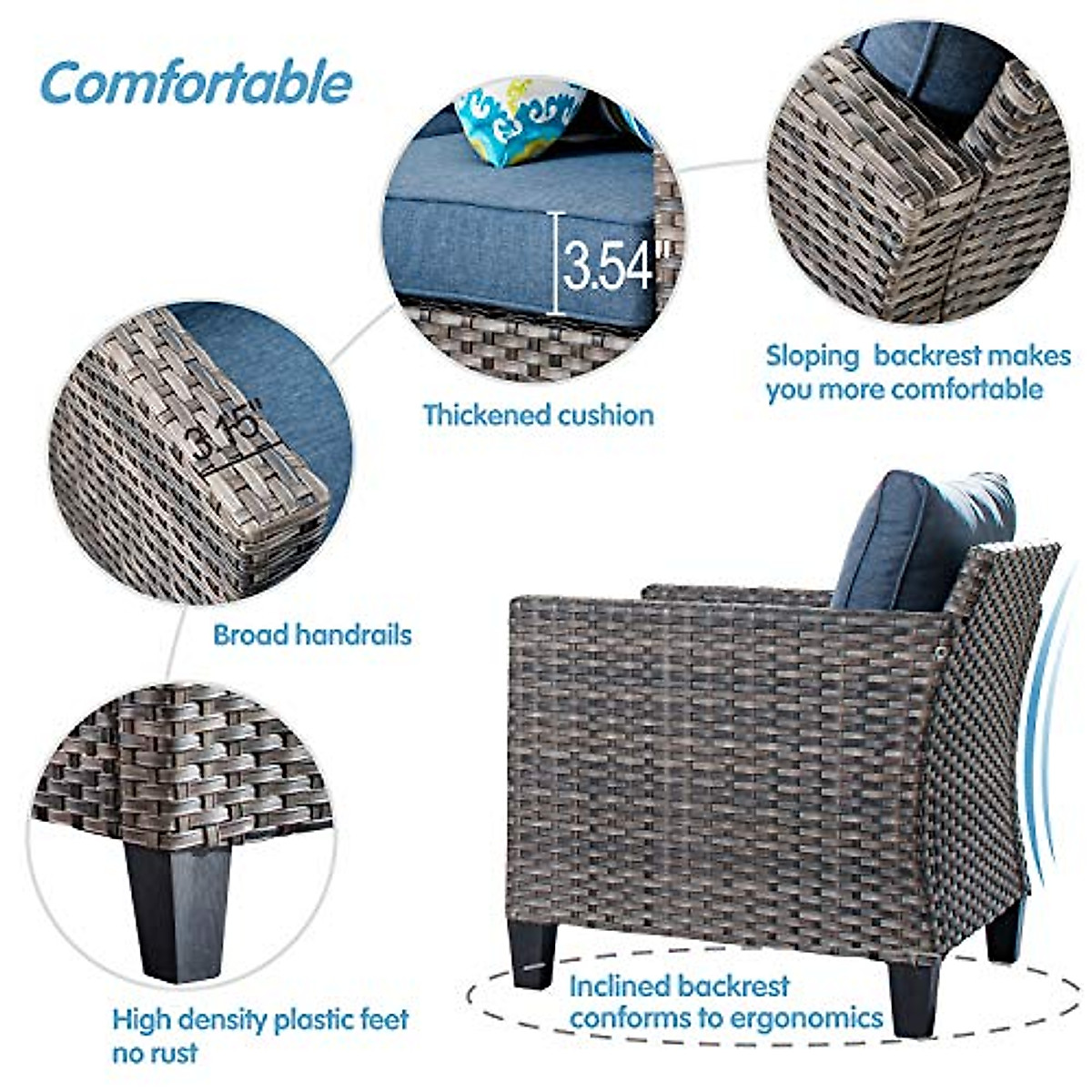 ovios Patio Chairs, All Weather Outdoor Rattan Wicker Chairs Patio Dining Chairs High Back Single Chairs Garden Backyard Porch (2 PCS, Denim Blue)