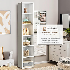 oneinmil Tall Narrow Bookshelf, 6-Tier Cube Display Rack, Modern Corner Bookshelf with Storage Space, Storage Cabinet for Home Office,White