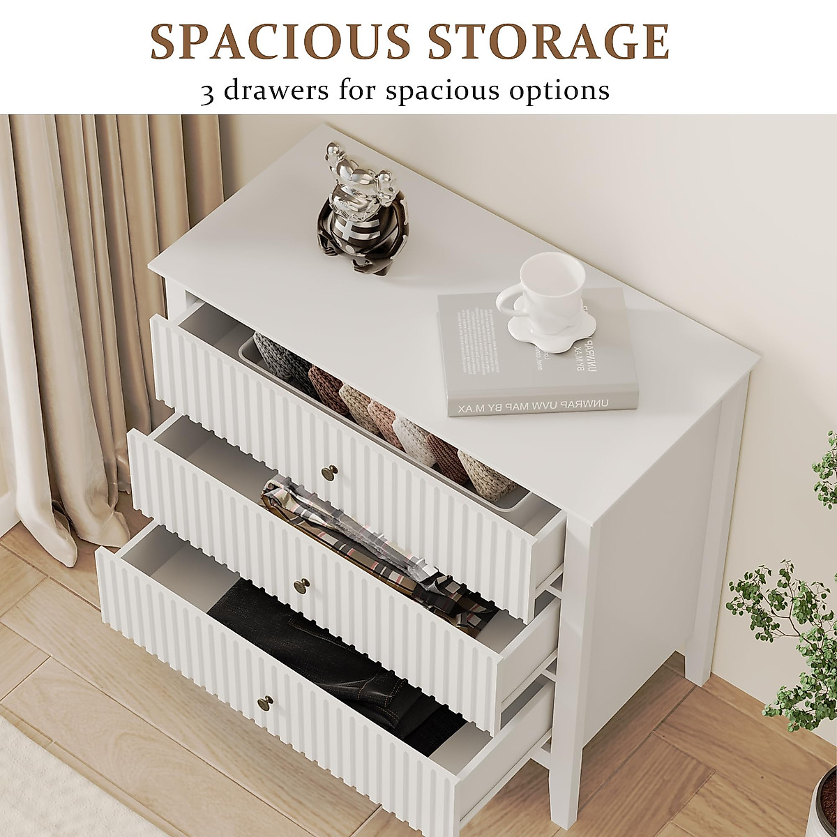 May in Color White 3 Drawer Dresser, Painted 30 Inch Tall Wood Nightstand with Storage, Wide Modern Chest of Drawers with Ball Bearing Slide for Bedroom Hallway Living Room Entryway Office