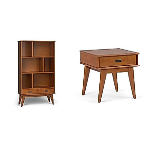 SIMPLIHOME Draper Solid Hardwood 35 Inch Mid Century Modern Wide Bookcase and Storage Unit in Teak Brown & Draper Solid Hardwood 22 inch Wide Rectangle End Side Table in Teak Brown