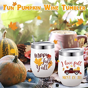 Uiifan 6 Pcs Thanksgiving Happy Fall Y'all 12 oz Wine Tumbler, Novelty Hello Pumpkin Maple Leaves Funny Autumn Gift, Give Thanks Autumn Coffee Mug Decor for Thanksgiving Halloween Party Supplies