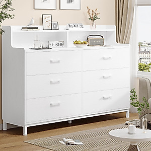 DICTAC White Dresser for Bedroom, 6 Drawers Double Dresser with Shelves, Wood Chest of Drawers, Large Capacity Storage Organizer Dresser for Bedroom, Living Room, Hallway