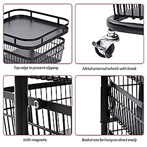 EZPEAKS 6-Tier Black Steel Kitchen Storage Tower Rounded Square Basket Shelves Organizer on Rolling Wheels with Detachable Drawers for Fruit Vegetable Grocery Spice (34.18” H, 13.39” W, 13.39” L)