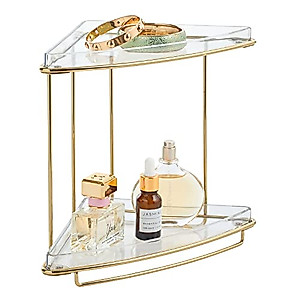 mDesign Steel/Plastic Freestanding Countertop Corner Shelf Organizer with 2-Tier Storage for Bathroom, Vanity, Cabinet, Counter - Holds Makeup, Bath Gel - Prism Collection - 2 Pack - Clear/Soft Brass