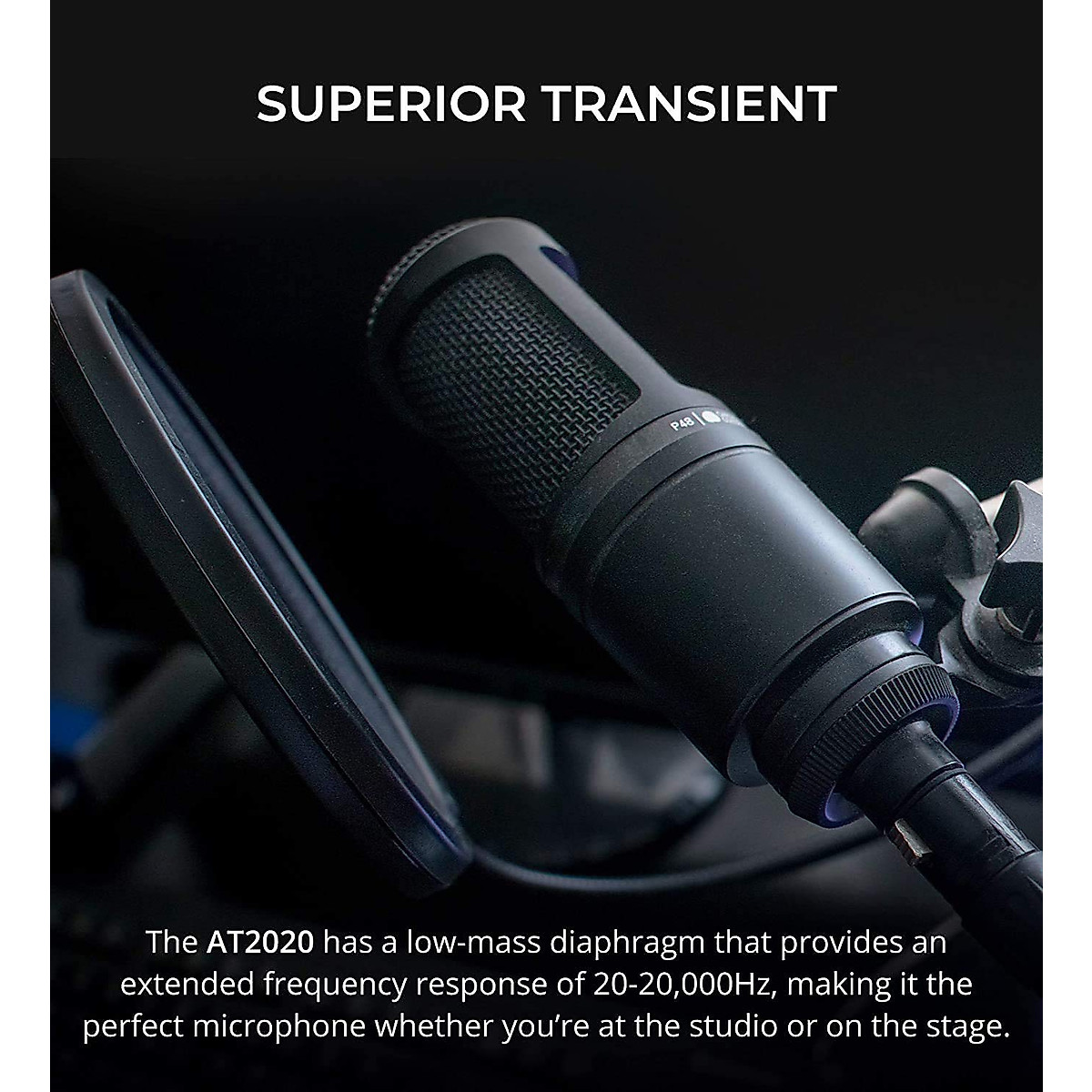 Audio-Technica AT2020 Cardioid Condenser Microphone Bundle with Blucoil 4-Pack of 12 Acoustic Foam Isolation Panel Wedges, 10' XLR Cable, Boom Arm Plus Pop Filter, and Samson SR350 Headphones