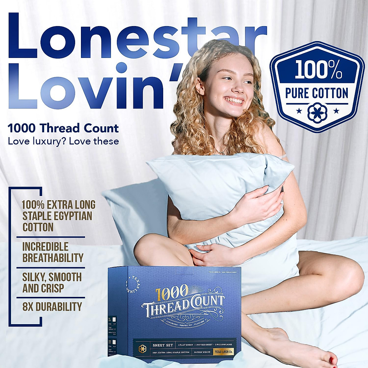 TEXAS LINEN CO. 100% Egyptian Cotton Queen White Sheet Set - 1000 Thread Count 4 PC Cotton Sheets for Queen Bed, Silky Soft, Cooling Extra Long Staple Luxury Hotel Sheets - Fits Upto 18” Deep Pocket