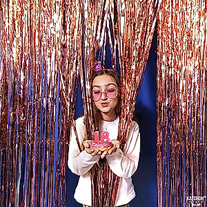 KatchOn, Rose Gold Fringe Curtain - XtraLarge 3.2x8 Feet, Pack of 2 | Rose Gold Backdrop for Bachelorette Party Decorations, Rose Gold Party Decor | Rose Gold Streamers, Rose Gold Birthday Decorations