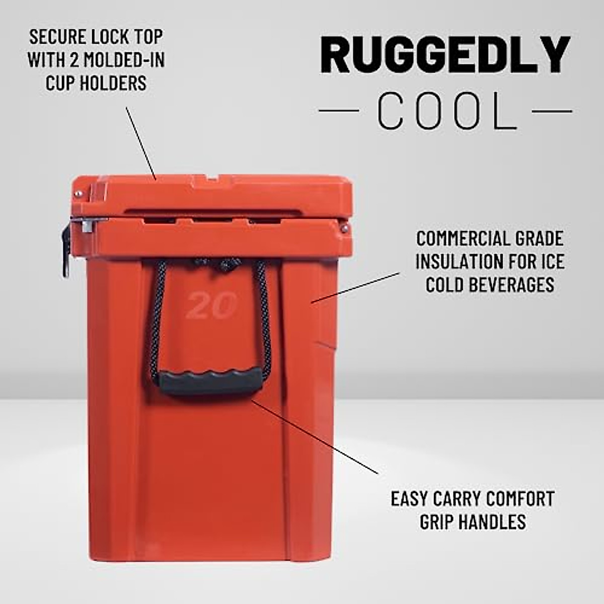 CAMP-ZERO 20L | Drink Cooler/Ice Chest with 2 Molded-in Cup Holders & Comfort Grip Rope Handles | Thick Walled, Freezer Grade Cooler w/Secure Locking System & Tie Down Channels (Burnt Orange)
