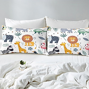 Kids Zoo Animal Fitted Sheet & Pillow Sham Set Cute Wild Animals Fitted Sheet Cartoon Safari Wild Print Bedding Set for Boys Girls Child Teens Bedroom Decor Exotic Natural Theme Bed Cover Twin Size…