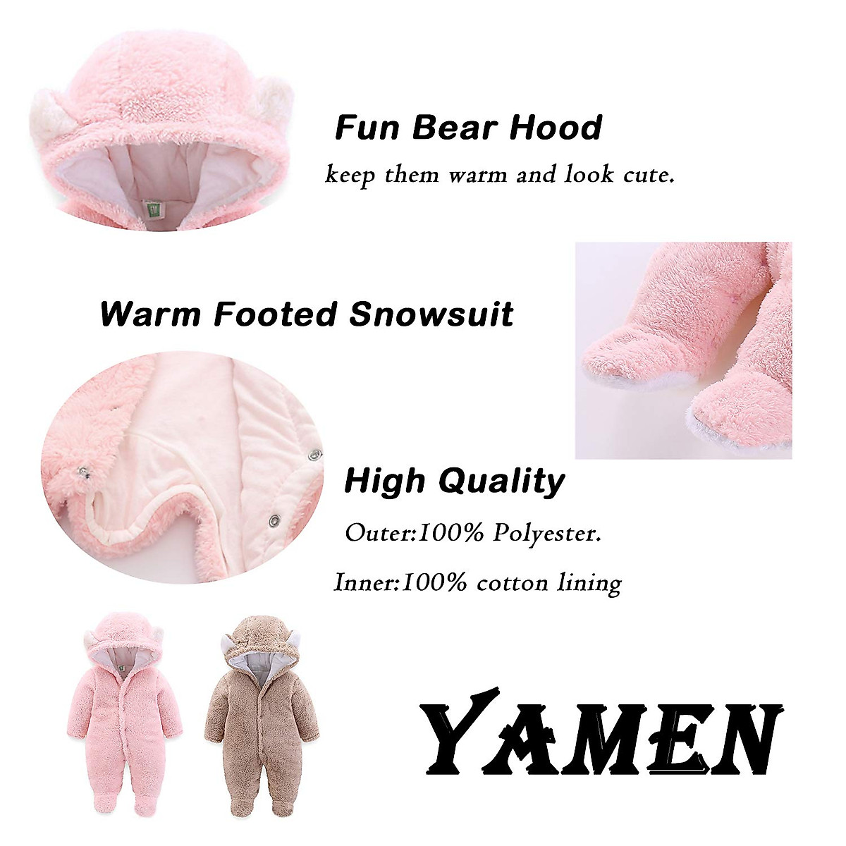 YAMEN Newborn Baby Boy Girl Sleepers Infant Snowsuit Bodysuit Footie Fleece Romper Toddler Winter Outfits 0-3 Months Pink