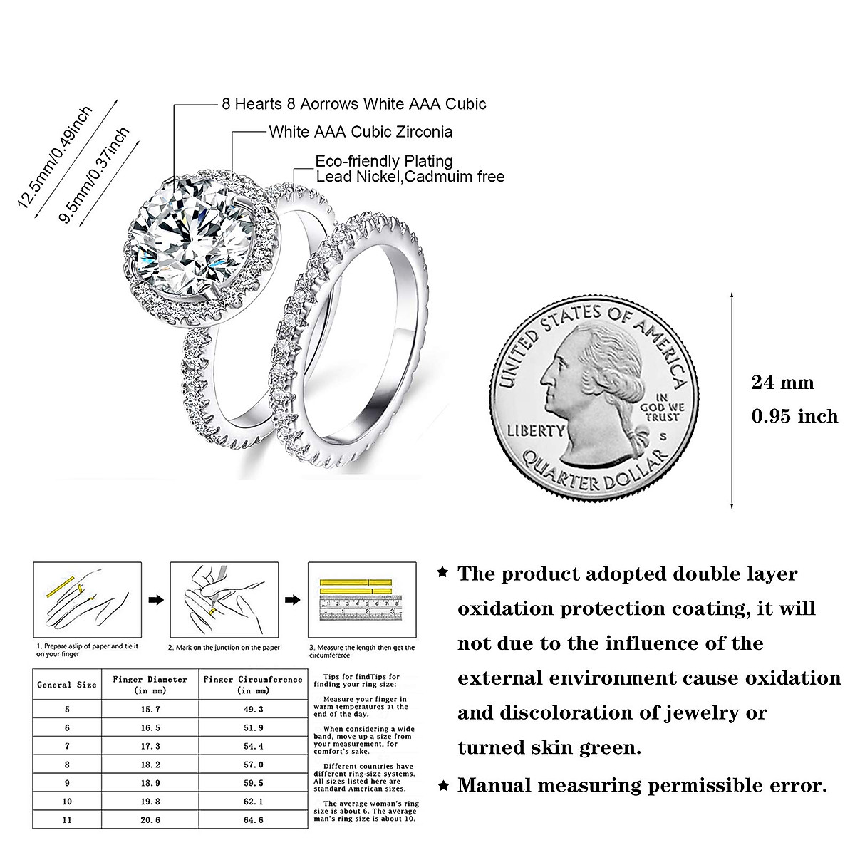 JIANGYUE Classic Bridal Sets Band Ring for Women, 3 Ct 8 Heart 8 Arrow White AAA Cubic Zirconia Rose Gold Big Main Stone Cocktail Engagement Wedding Rings Size 5 6 7 8 9 10