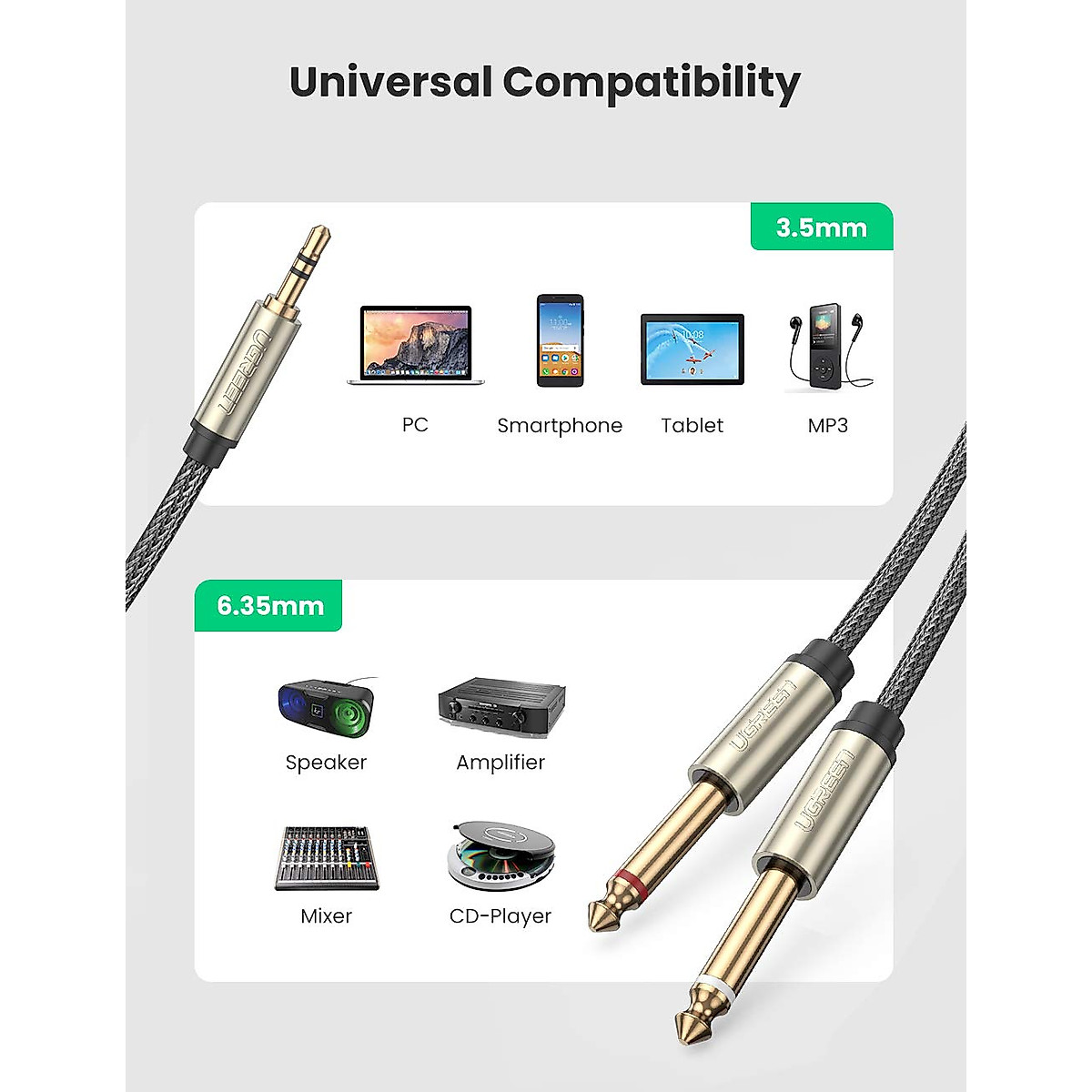 UGREEN 1/8 to 1/4 Stereo Cable 3.5mm TRS to Dual 6.35mm 1/4 TS Mono Y Splitter Audio Cord Adapter Compatible with iPhone, PC, Computer Sound Card, Mixer, Multimedia Speaker, Home Stereo System 16FT