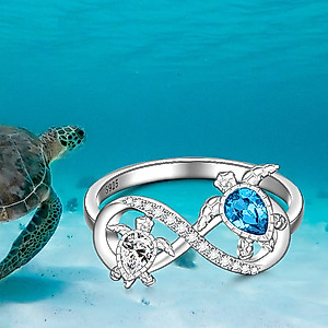 Turtle Ring Sterling Silver Infinity Rings for Women Mother Daughter Blue Sapphire Ocean Wave Longevity Sea Turtle Jewelry Gifts Size 6