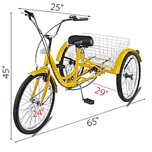 Happybuy Adult Tricycle 24 inch, Three Wheel Bikes 1 Speed, Yellow Tricycle with Bell Brake System, Bicycles with Cargo Basket for Shopping.