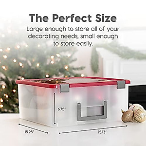 IRIS USA 26.7 Quart Portable Divider Christmas Storage Bin, 4-Compartment Container Tote Box with Removable Dividers for Ornaments Banners Garlands Decorative Cloths Pinecones Puppets, Clear/Red