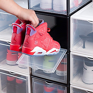 S-JIANG Shoe Boxes Clear Plastic Stackable, Drop Front Shoe Display Box Large Storage Containers Shoe Box Organizer for Sneaker Men Women (Black, 4 PACK)