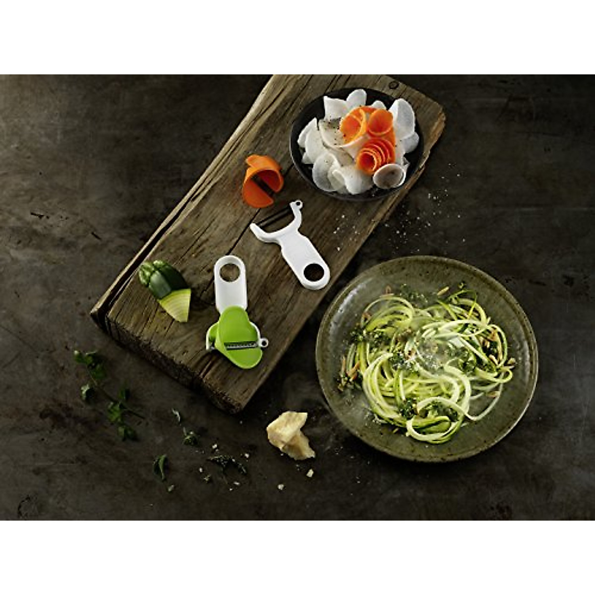Kuhn Rikon Click-N-Curl Spiralizer Set with Swiss & Julienne Peelers, White/Orange/Green