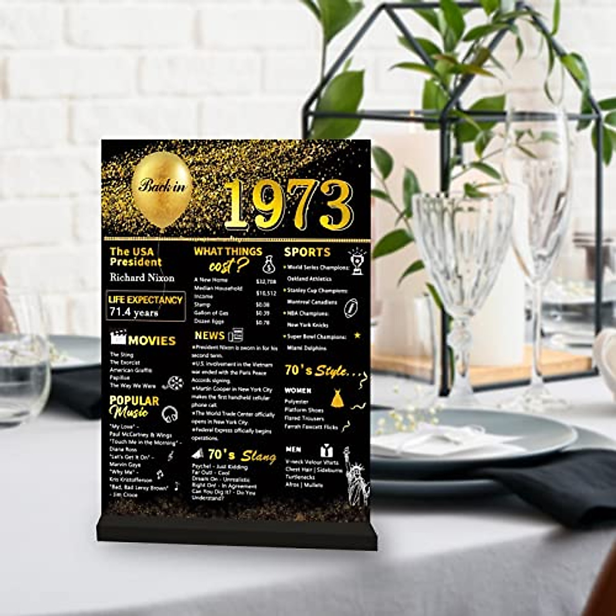 Vlipoeasn 50th Birthday Table Decoration for Men, Black Gold Back in 1973 Acrylic Table Sign with Wooden Stand, 50 Year Old Birthday Party Supplies, 50th Birthday Gift Centerpieces for Women