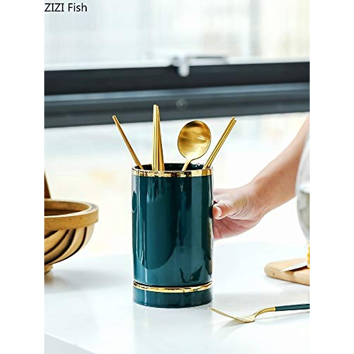 ZSQAI Ceramic Green Chopsticks Canister Ceramic Household Kitchen Utensils Cutlery Chopsticks Drain Basket Storage Rack
