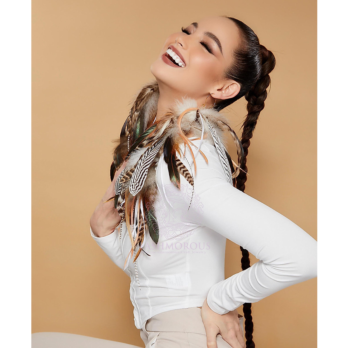 Fashmorous Long Feather Earrings for Women Boho Natural Brown Long Feather Earrings for Women Dangle