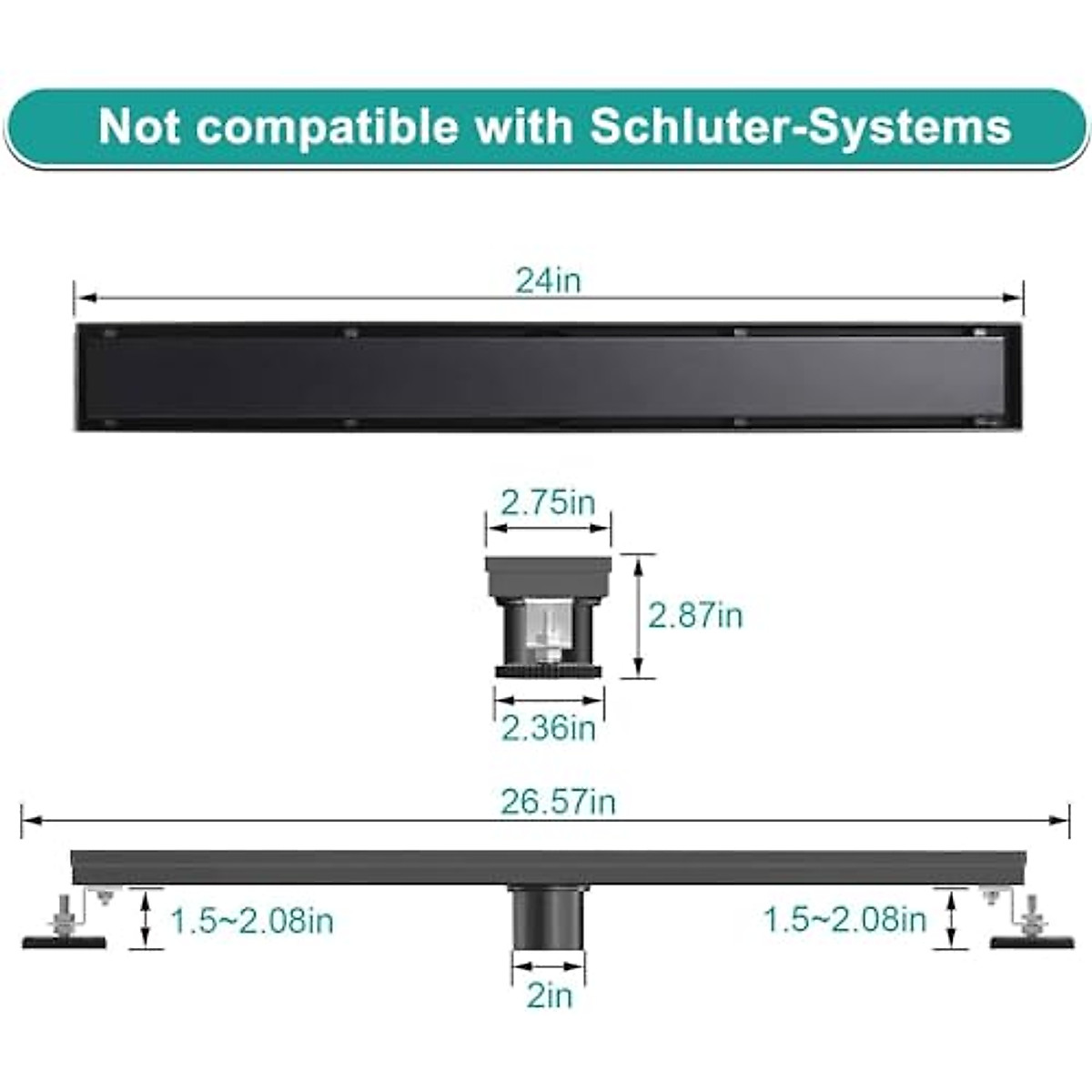 BARONAGE 24-Inch Linear Shower Drain, with 2-in-1 Flat & Tile, Insert Cover Black Brushed 304 Stainless Steel Rectangle Shower Floor Drain Adjustable