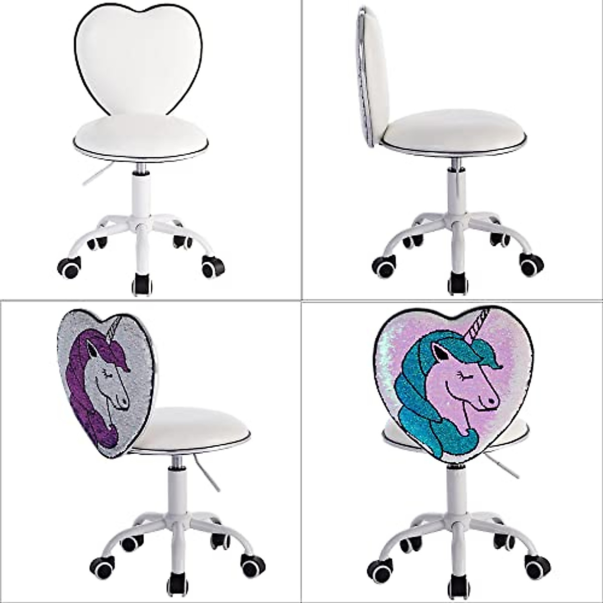 DM Furniture Swivel Kids Desk Chair Faux Leather Student Living Room Chair Thick Padded Adjustable Swivel Chair for Girls and Boys (White Seat)