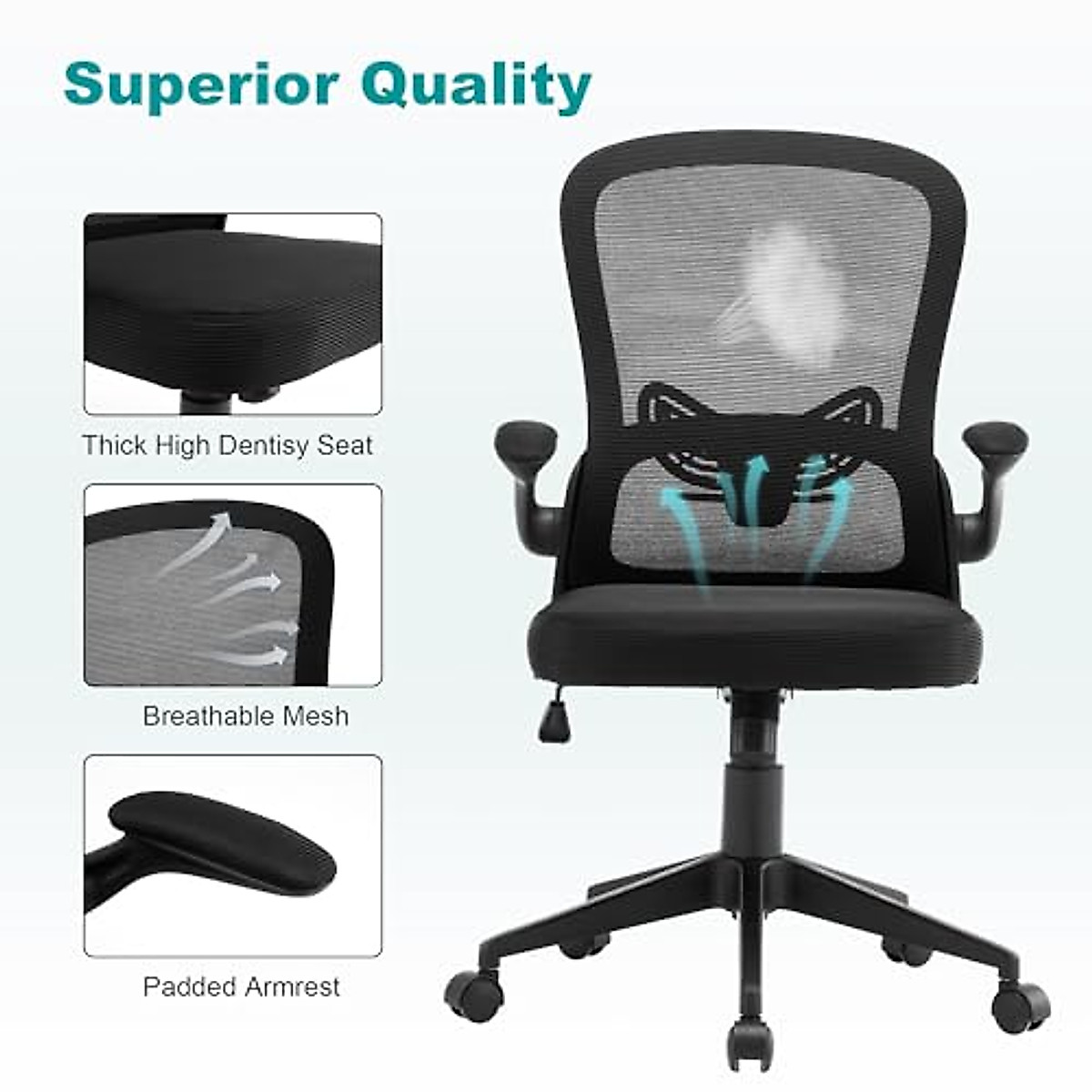 HMeeZnn Ergonomic Office Chair, Desk Chairs with Wheels Mesh Computer Chair Mid Back Swivel Chair with Adjustable Armrest Lumbar Support for Home Office Executive Work Study, Black