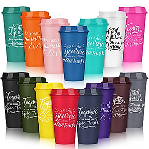 Pickmesh 15 Pcs Employee Appreciation Gift Thank You Gift for Team 16oz Plastic Coffee Cup with Lid Inspirational Tumbler Travel Mug for Coworker Staff Teacher Christmas (Colorful)