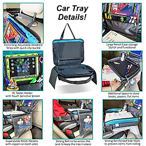 KeolaKids Kids Car and Booster Seat Travel Tray Organizer with Detachable Top, Lap Tray, Updated Headrest Straps, Zippered Storage, Tablet holder with Charger Openings (Blue)