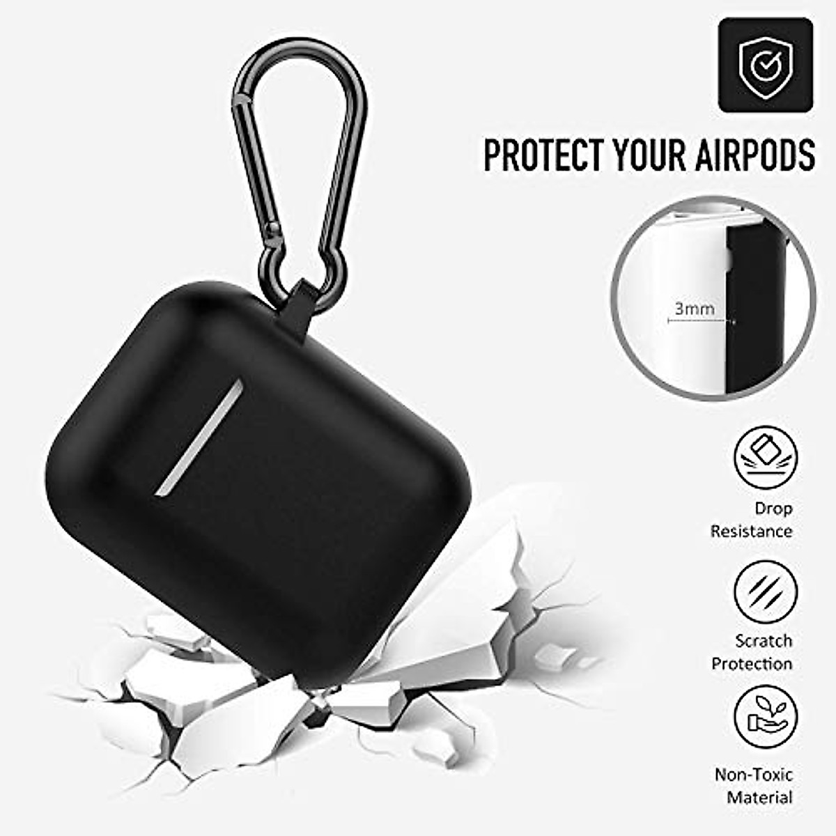 Coffea Protective Silicone Case with Keychain for Apple AirPods 2 (Black)