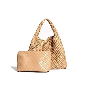 Woven Bag Vegan Leather Hobo handbags for Women, Top-handle Shoulder Tote Braided Bag Underarm Purse (Apricot-A)