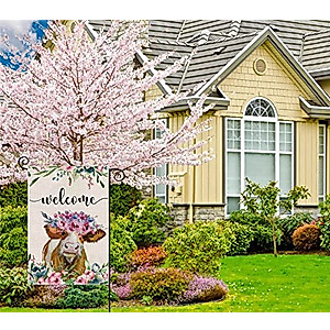 Spring Welcome Cow with Flowers Garden Flag for Outdoor Small Yard Flag for Outside Seasonal Decor for Summer Farmhouse Holiday 12x18 Inch Double Sided